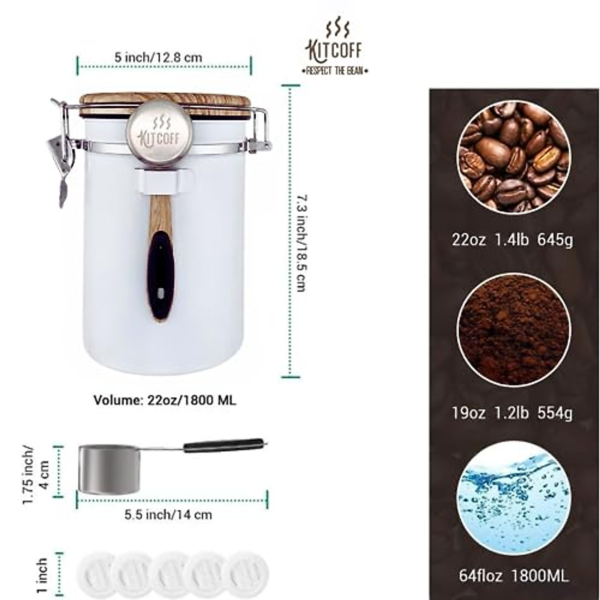 Kitcoff Coffee Grounds and Beans Container Canister with Date Tracker, CO2-Release Valve and Measuring Scoop - Made of Stainless Steel with Airtight Lids - Large, 22oz, White w/Wood Print Lid