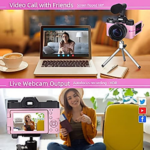 Monitech Digital Cameras for Photography, 48MP&4K Vlogging Camera for YouTube, Video Camera with Wide-Angle & Macro Lenses, 16X Digital Zoom, Flip Screen, External Microphone, 32GB TF Card - Pink