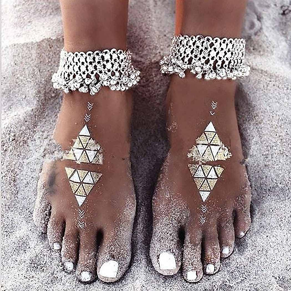 Yokawe Boho Anklets Bracelets Silver Bell Beaded Indian Anklet Chain Tassel Beach Barefoot Sandals Foot Jewelry for Women and Teen Girls（2Pcs）