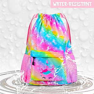 AuSleti Waterproof Drawstring Bag, Girls Beach Bag for Swimming, Gym Bag Sackpack Sports Backpack for Kids Girls, Rainbow Unicorns Gifts for Girl Drawstring Backpack