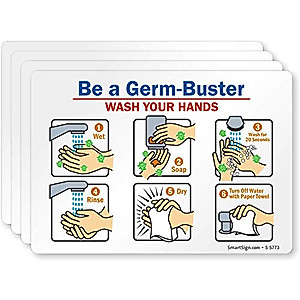 SmartSign “Be A Germ-Buster - Wash Your Hands" Hand Washing Label | 3.5" x 5" Laminated Vinyl Sticker, Pack of 4
