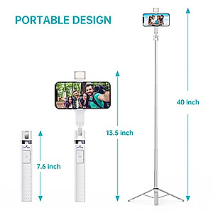 Ambertronix 40” Selfie Stick Tripod Quadrapod, Onboard Light, Wireless Bluetooth Remote, Extendable, Stainless Steel, 3 Light Modes, 9 Brightness Levels, Compatible with All iPhone & Android Devices