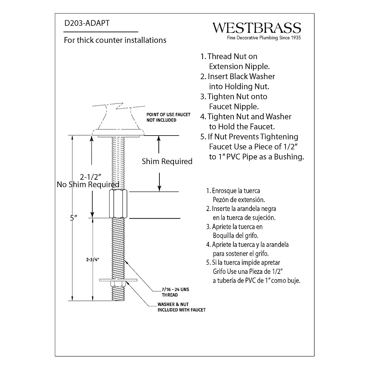 Westbrass D203-ADAPT 1/4 in. x 3 in. Threaded Shank Cold Water Dispenser Faucet Extension Adapter for Thick Countertops, Chrome