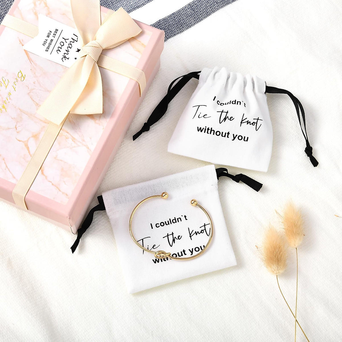 CEELGON 16 Pcs Jewelry Pouch Bridesmaid Gifts Set of 8 Linen Cotton Small Drawstring Bags & Bridesmaid Knot Bracelet Jewelry Packaging Bridesmaid Proposal Gift Bridal Party Favors Gifts (Gold)