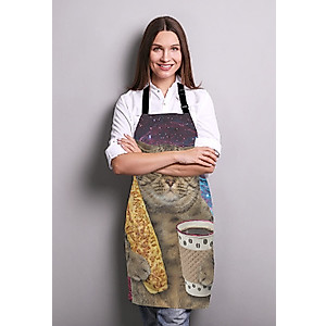 Lefolen Funny Galaxy Cat Adjustable Bib Apron, The cat is holding a cup of black coffee and a baguette Cooking Kitchen Apron for Men Women