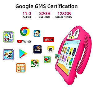 Kids Tablet, 7 inch Tablet for Kids 3GB RAM 32GB ROM, Android 11 Tablet with WiFi, Bluetooth, GMS, Parental Control, Shockproof Case, Google Play, YouTube, Netflix