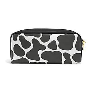 Sletend Milk Cow Print Large Capacity Pencil Case Portable Pencil Bag PU Leather Comestic Makeup Bag Organizer Make up Pouch with Handle for Boys Girls Adults Students
