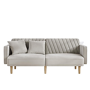 OUYESSIR Futon Sofa Bed, 75.3", Couch, Small Sofa, Sleeper Sofa, Loveseat, Mid Century Modern Velvet Futon Couch with 2 Pillows for Living Room (Grey Velvet, Futon)