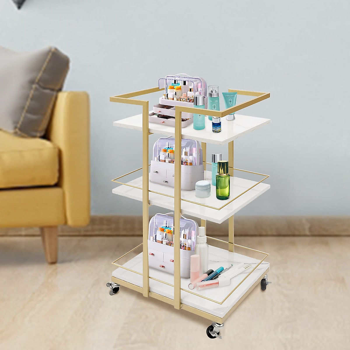 3 Tier Rolling Cart, Utility Manicure Trolley, Open Design Metal Storage Rolling Barber Cart for Kitchen, Living Room, Studio, Bedroom, Balcony, Universal Wheels with Lock