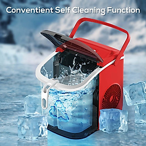 ZAFRO Ice Makers Countertop, Portable Ice Machine with Handles, Self-Cleaning Ice Makers with Basket and Scoop, 9 Cubes in 6 Mins, 26 lbs Per Day, Suitable for Your Kitchen, Office, Party （Red）
