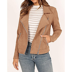 KIRUNDO Women's Trendy Stand Collar Faux Suede Jackets 2024 Fashion Solid Slim Moto Zipper Jacket Coats(Camel, Small)