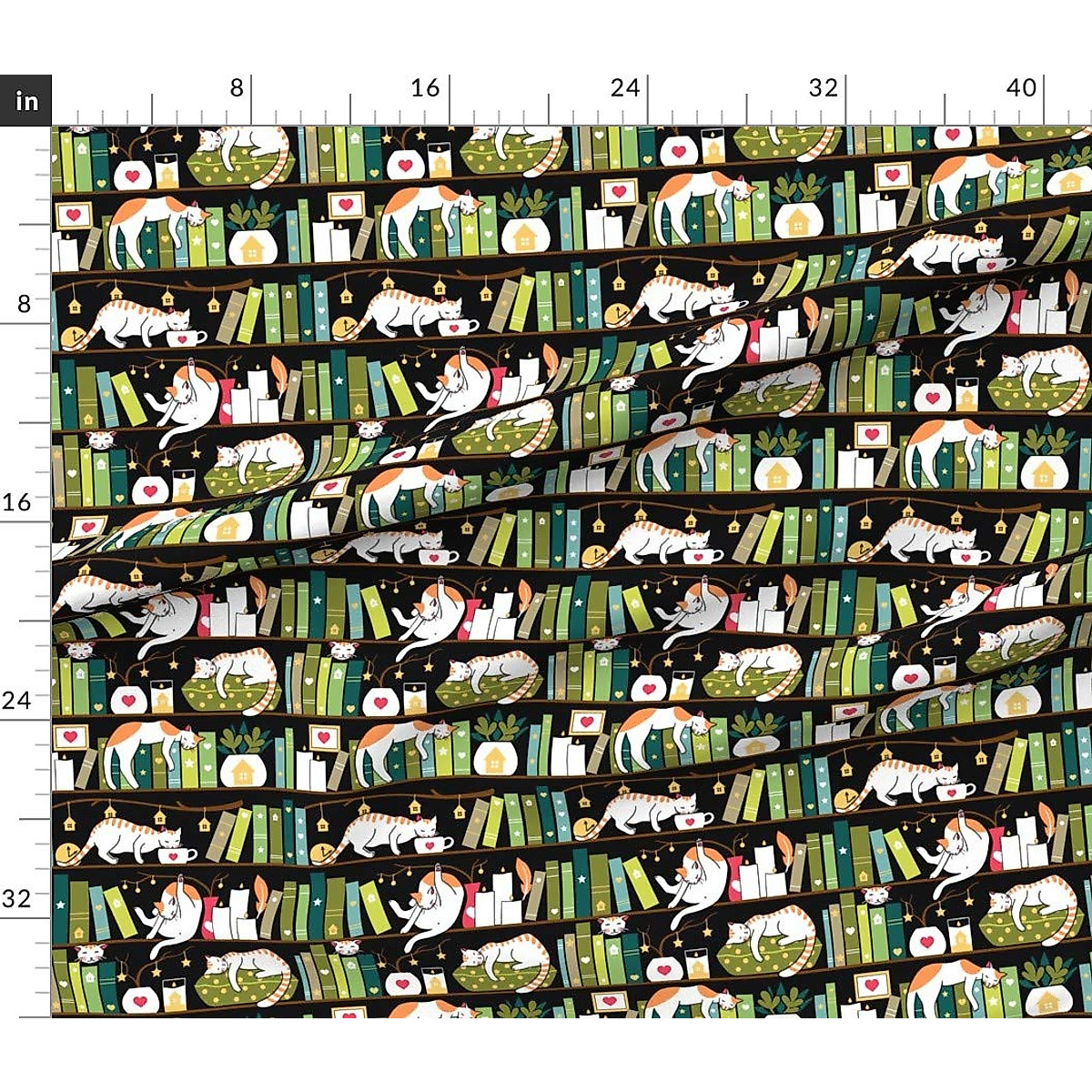 Spoonflower Fabric - Library Cats Cat Book Candle Bookshelf Hygge Books Cute Home Pet Printed on Petal Signature Cotton Fabric by The Yard - Sewing Quilting Apparel Crafts Decor