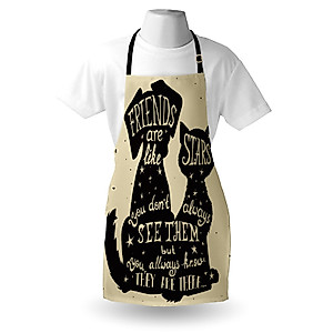 Ambesonne Inspirational Apron, Cat and Dog Silhouettes with Friendship Themed Phrase and Stars Grungy Display, Unisex Kitchen Bib with Adjustable Neck for Cooking Gardening, Adult Size, Black Tan
