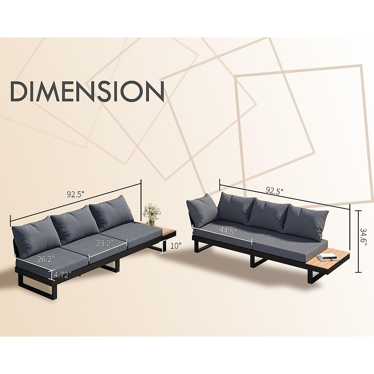 PaPaJet Aluminum Patio Conversation Set with Backrest, 3 Piece 3 Seat Modern Outdoor Furniture Set with Wood Grain Plastic Top Side Table for Backyard Porch, Gray