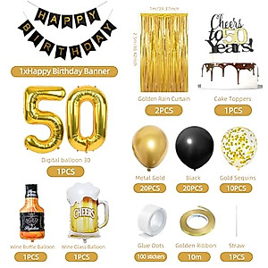 50th Birthday Decorations Men, Black and Gold 50th Birthday Balloons, Banner and Birthday Cake Topper, Happy 50 Birthday Decorations for Men