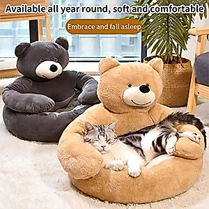 Cute Bear Hug Design Dog Cat Beds Plush Pet Beds Cuddler, Warm Soft Calming Dog Beds with Removable Washable Cover Non-Slip Bottom (Diameter 22 in, Grey)