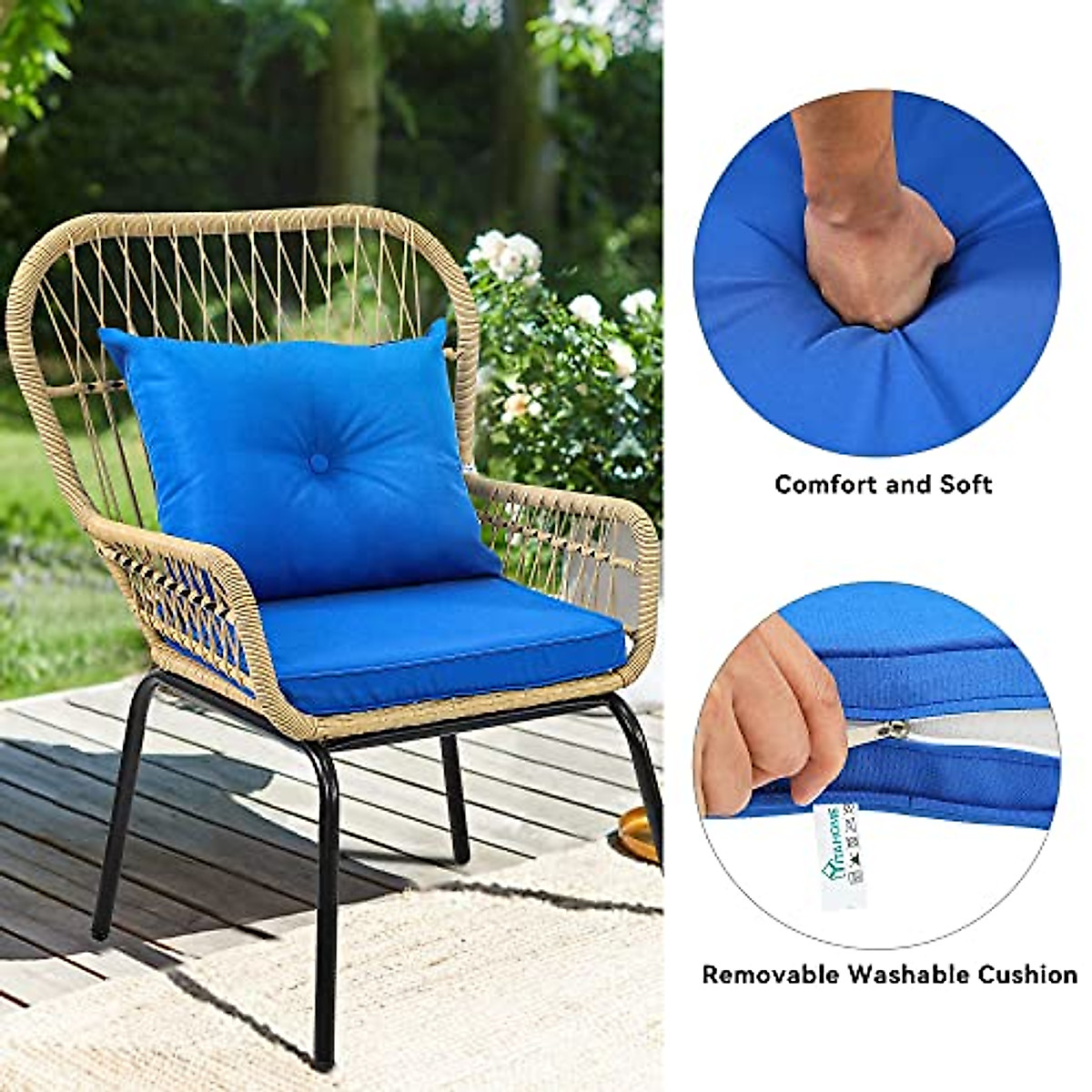 YITAHOME 3-Piece Outdoor Patio Furniture Wicker Bistro Set, All-Weather Rattan Conversation Chairs for Backyard, Balcony and Deck with Soft Cushions, Glass Side Table (Light Brown+Navy Blue)