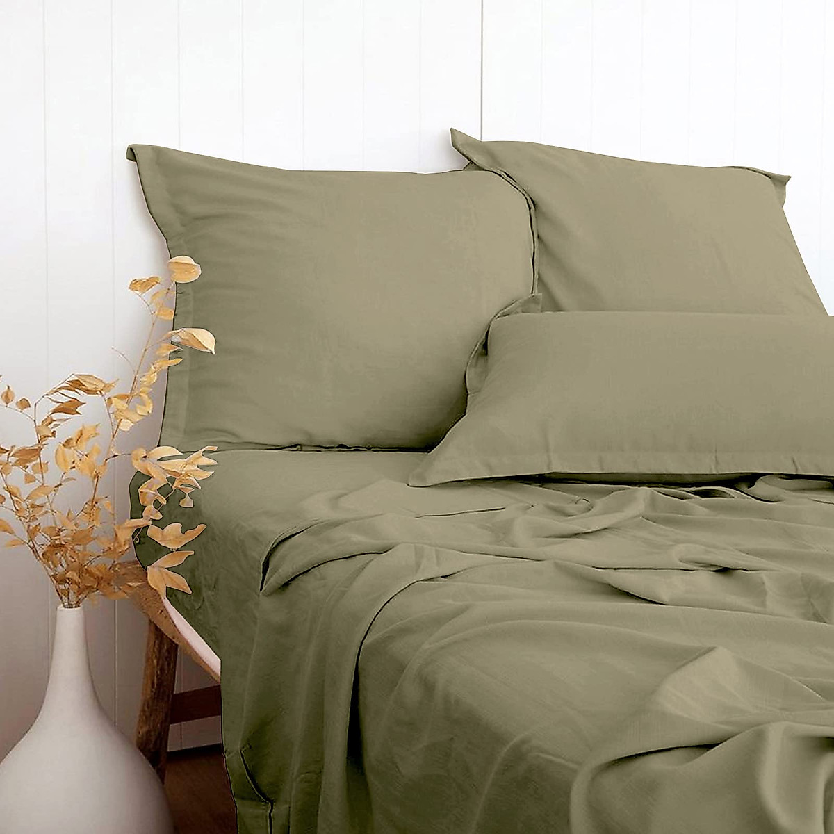 Olive Green Linen-Textured Bed Sheets Set, Bamboo Rayon , Cotton , Linen Blend Bed Sheets Full Size, Soft Cool & Breathable for Hot Sleepers,Durable Natural Organic Bed 15'' Deep Pocket - 4 Piece
