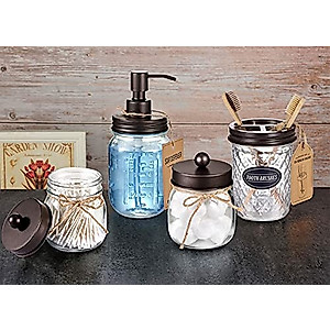 Amolliar 4PCS & 2pcs Bronze Mason Jar Bathroom Accessories Set-3pcs Lotion Soap Dispenser & 2pcs Cotton Swab Holder &1pcs Toothbrush Holder,Waterproof Stickers,Rustic Farmhouse Decor