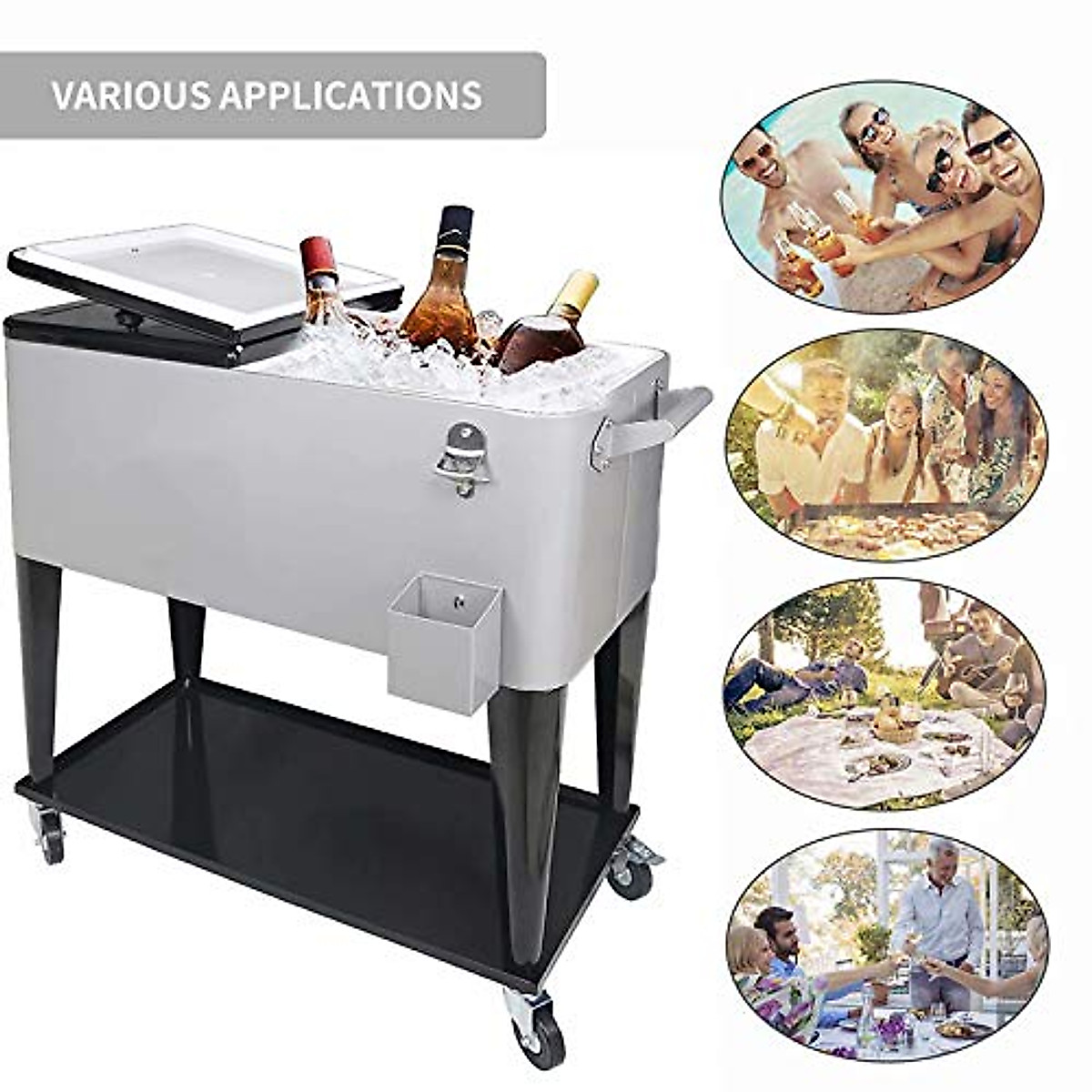 PetGirl Portable Rolling Cooler Ice Chest Cart Trolley for Outdoor Patio Deck Party Beer Cooler Cart Cover 80 Quart Rolling Cooler on Wheels Backyard Party Drink Beverage Bar Bottle Opener