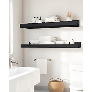 MIRROTOWEL Small 16” Floating Shelves for Wall Décor Storage, Set of 2, Wood for Bedroom, Living Room, Bathroom, Kitchen, Picture Ledge and Farmhouse（Black）