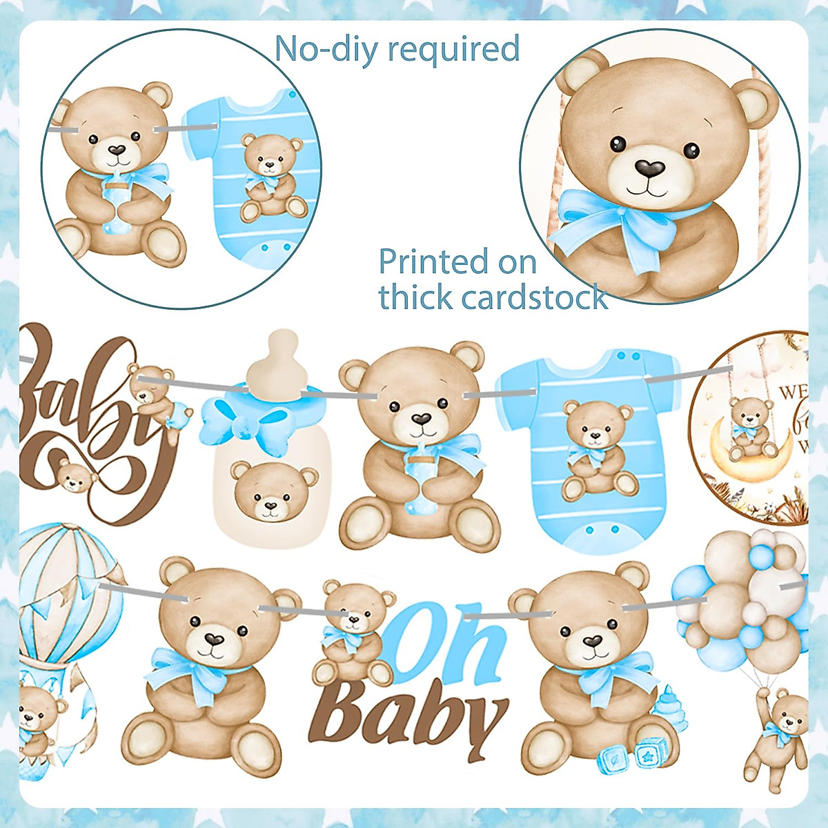 Teddy Bear Party Banner 3Pcs We Can Bearly Wait Baby Shower Decorations Blue Bear Baby Shower Banner for Baby Boy Gender Reveal Party Decorations