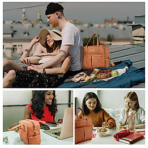 BEEWEEL Lunch Bag for Wome,PU Leather Lunch Tote Bag with Adjustable Shoulder Strap, Large Capacity, Insulated Lunch Bags for Work, Picnic, Camping -Brown