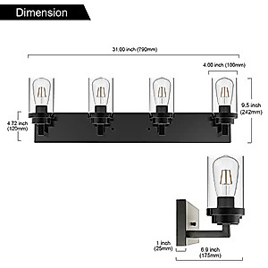 MELUCEE 4-Light Vanity Lights Over Mirror, Farmhouse Bathroom Light Fixtures Black with Clear Glass Shade, Industrial Wall Mount Lamp for Bedroom Kitchen Hallway
