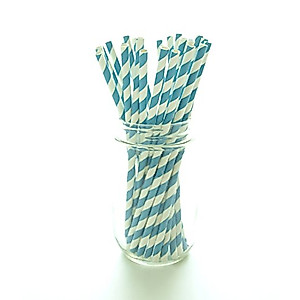 Aqua Blue Striped Drinking Straws - 25 Pack - Vintage Bulk Paper Straws, Aqua Blue Stripe Party Straws