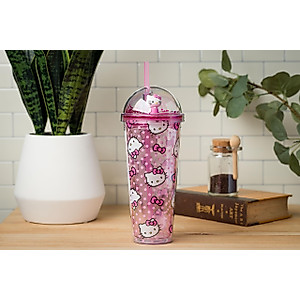 Silver Buffalo Sanrio Hello Kitty Pink Polka Dots and Bows Dome Glitter Top Travel Tumbler, 24 Ounces