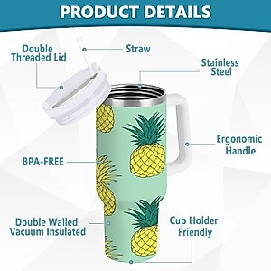 RPLIFE Bright Pineapple Print Light Green 40 Oz Tumbler with Handle, Stainless Steel Cups with Lid, Coffee Tumbler for Women