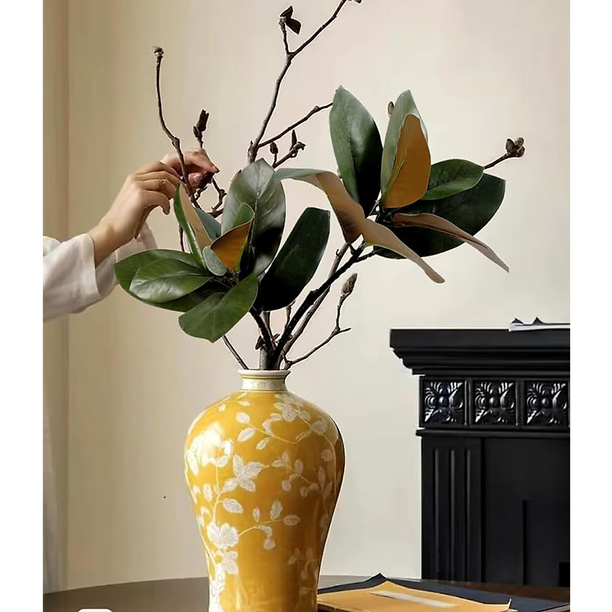 32 Inch Magnolia Artificial Leaves Branches 3D Plastic Printing Houseplant Plant Indoor Outdoor Home Decor (Dark Green - Pack of 2)