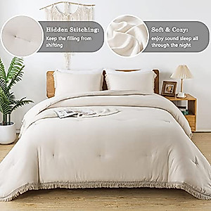 Andency Beige Comforter Set California King, Boho Tassel Lightweight Bedding Comforter Sets, 3 Pieces All Season Soft Fluffy Fringe Bed Set (104x96In Comforter & 2 Pillowcases)