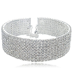 Janefashions 8-row Eight Rows Clear White Austrian Rhinestone Crystal Choker Necklace Collar Dance Party Wedding N077s Silver