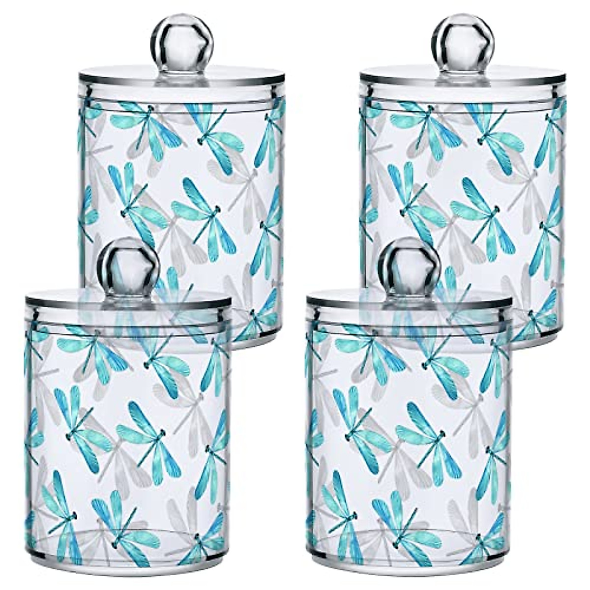 susiyo Blue Gray Dragonfly Pattern Plastic Jars with Lid Apothecary Jar for Cotton Balls Swabs Pads - 4 Pack