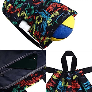 RHCPFOVR Drawstring Backpack for Kids - Dinosaur Bags for Girls Gym Dance Beach Swim Travel Bag With Two Water Bottle Holder