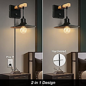 OOWOLF Plug in Wall Sconces Set of Two, Farmhouse Wall Mounted Light with Plug in Cord, Dimmable Black Rustic Wall Lamp for Bedroom, Living Room, with Wood Arm and 59inch On/Off Switch Cord, 2 Pack