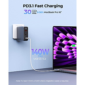 AMEGAT 140W USB C Charger, PD3.1 PPS 3-Port Fast GaN III Laptop Wall Charger, Foldable Plug Power Adapter for MacBook Pro 16'', Dell XPS, iPad Pro, iPhone 15 Pro, Galaxy, Chromebook(with 240W Cable)