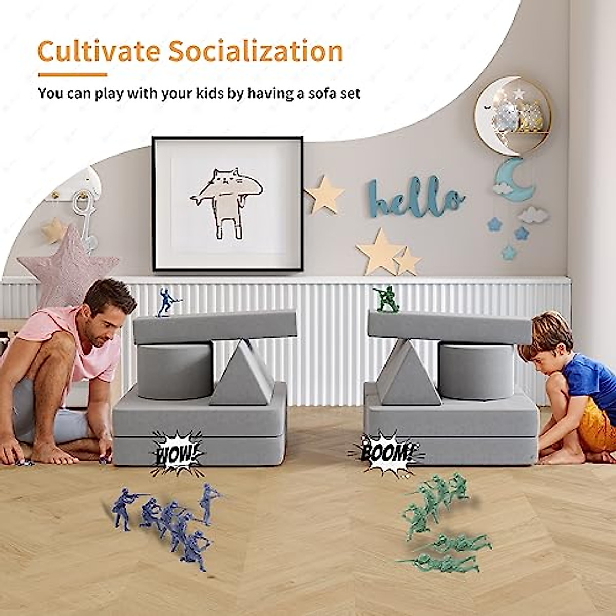 Kids Couch 13PCS, Modular Toddler Couch with 2 Ottomans, Fold Out Kids Couch for Playroom Bedroom, Modular Kids Couch for Boys and Girls, Kids Play Couch for Kids(50.5"L×25.2"W×17.3"H) (Gray, M)