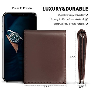 LVCRETIVS Leather Bifold Wallet for Men Full Grain Leather RFID Blocking Wallet with 2 ID Windows