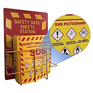 SDS Display Rack and Binder Set -Includes Bilingual Heavy Duty 3-Ring Binder with 3 Inch Capacity Holds Over 700 Sheets, Metal Wire Rack, Highly Visible Wall Mount Station, Detachable Chain and Hook, Mounting Hardware with Instructions