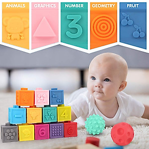 Nueplay Baby Blocks Toys Early Learning Building Blocks Ball Set Teethers Babies Bath Toys Squeeze Play with Numbers Shapes Animals Fruit and Textures Toy for 6 Months & Up Toddlers-16 PCS