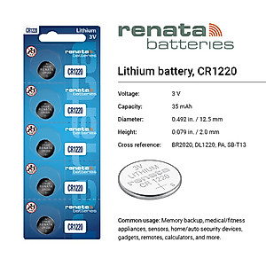 Renata CR1220 Batteries - 3V Lithium Coin Cell 1220 Battery (5 Count)