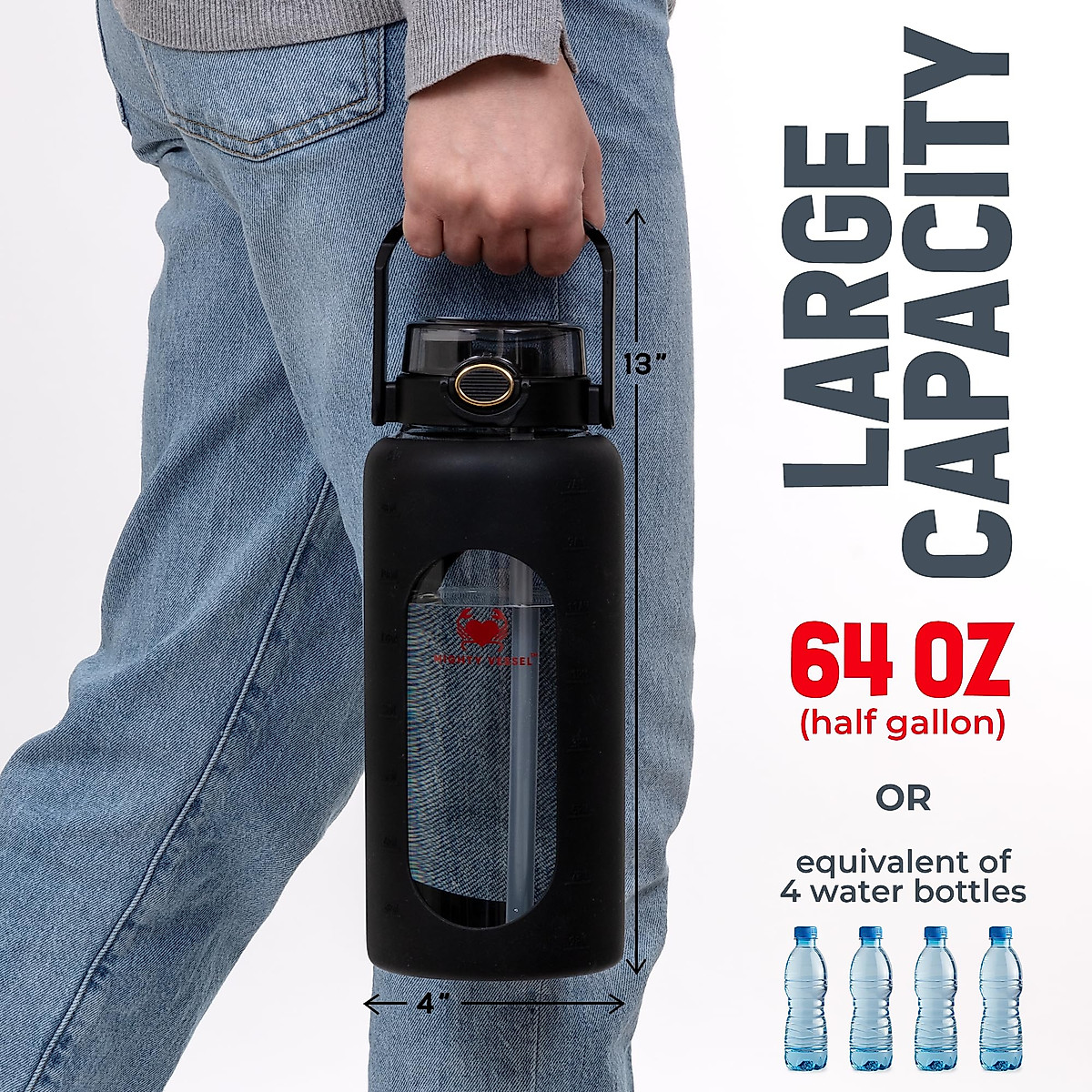 Leakproof 64 oz Glass Water Bottle - Borosilicate Large Glass Water Bottle with Straw, Silicone Sleeve and Time Markers, Half Gallon Jug, Suitable for Travel, Sports, Gym, and Daily Intake