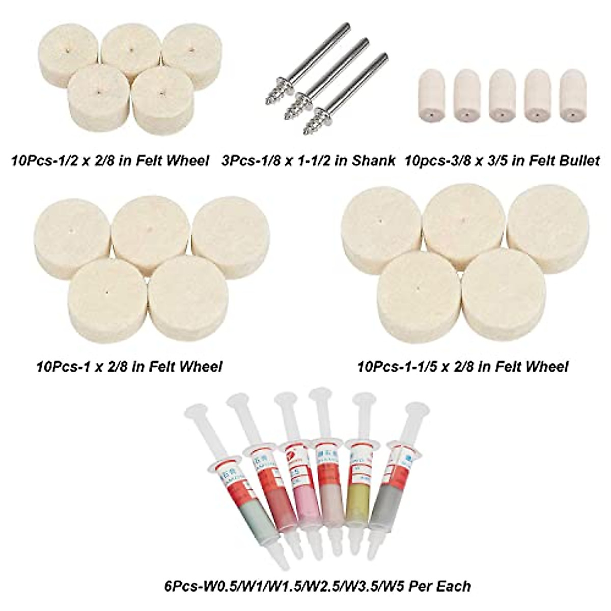 Polishing Lapping Paste and Felt Polishing Buffing Wheel Set 49Pcs Wool Felt Polishing Pad Wheel Professional Accessories for Final Polishing Metal and Jewelry
