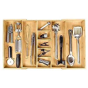 KitchenEdge Adjustable Kitchen Drawer Organizer for Utensils and Junk, Expandable to 28 Inches Wide, 9 Compartments, 100% Bamboo