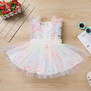 IMEKIS 1st Birthday Girl Outfit: 2nd First Dress for 1 Year Old Cake Smash Baby Boho Rainbow Confetti Princess Dresses Party Supplies Romper Mini Tutu Skirt Photoshoot White Stars 12-18 Months