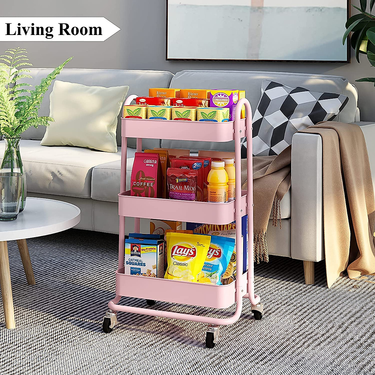 3 Tier Rolling Cart, Metal Utility Cart with Rotating Lockable Wheels, Storage Cart for Office, Bathroom, Kitchen, Garden (Pink)