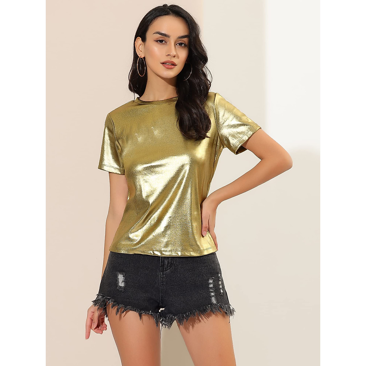 Allegra K Women's Party Metallic Textured Short Sleeve Shiny Multicolor Top Medium Gold