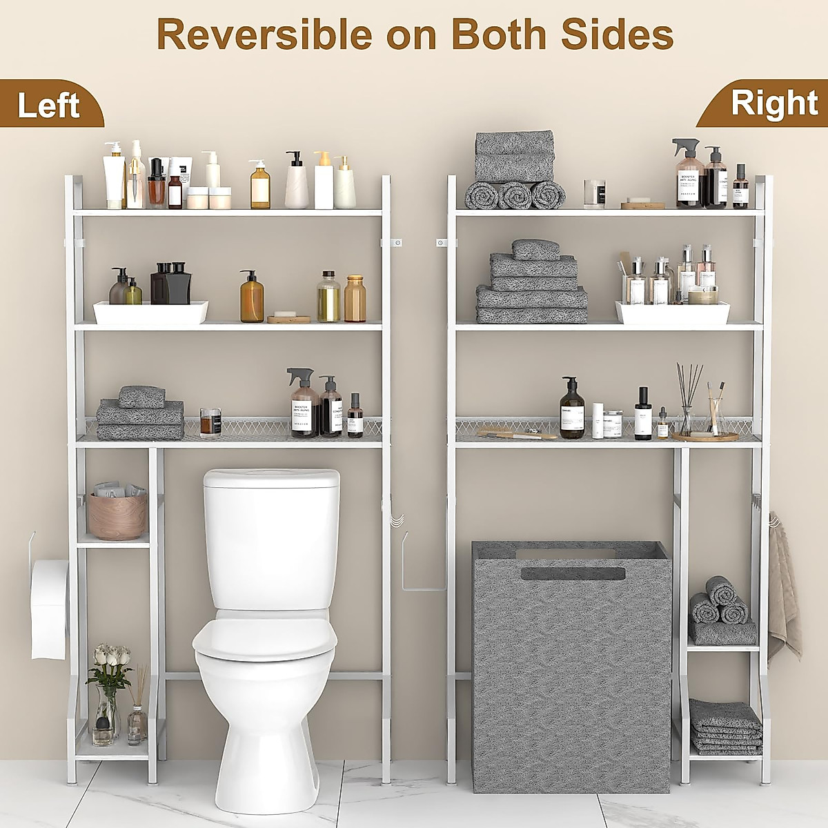 NOVIMANGO Over The Toilet Organizer White, Bathroom Space Saver Over Toilet, 5-Tier Bathroom Over Toilet Storage, Above Toilet Stand with 4 Hooks for Restroom, Laundry